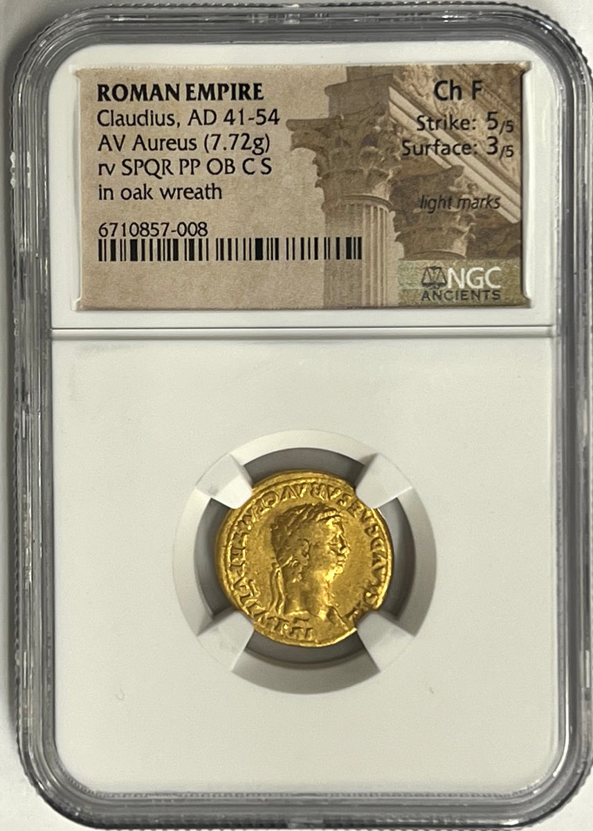 Claudius, AD 41-54 AV Aureus (7.72g) Iv SPOR PP OB C S in oak wreath N – capstonecoins