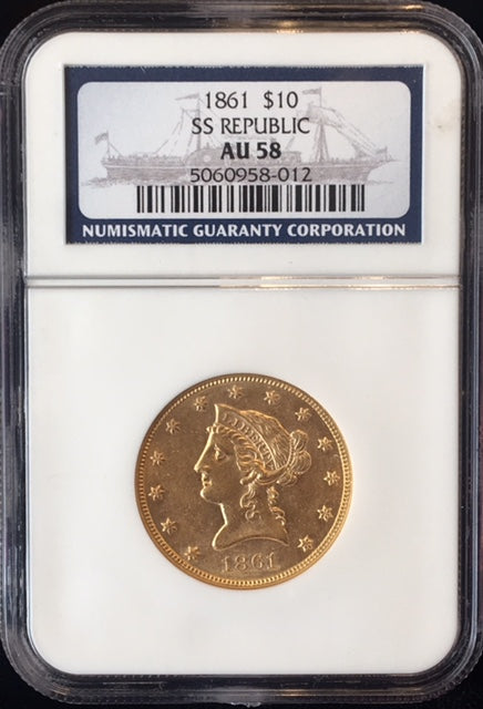 SS Republic Shipwreck Gold 1861 $10 Liberty NGC AU58 PQ! – capstonecoins